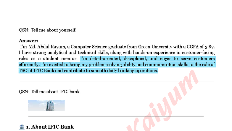 IFIC Bank Initial Interview Preparation Notes - Studocu