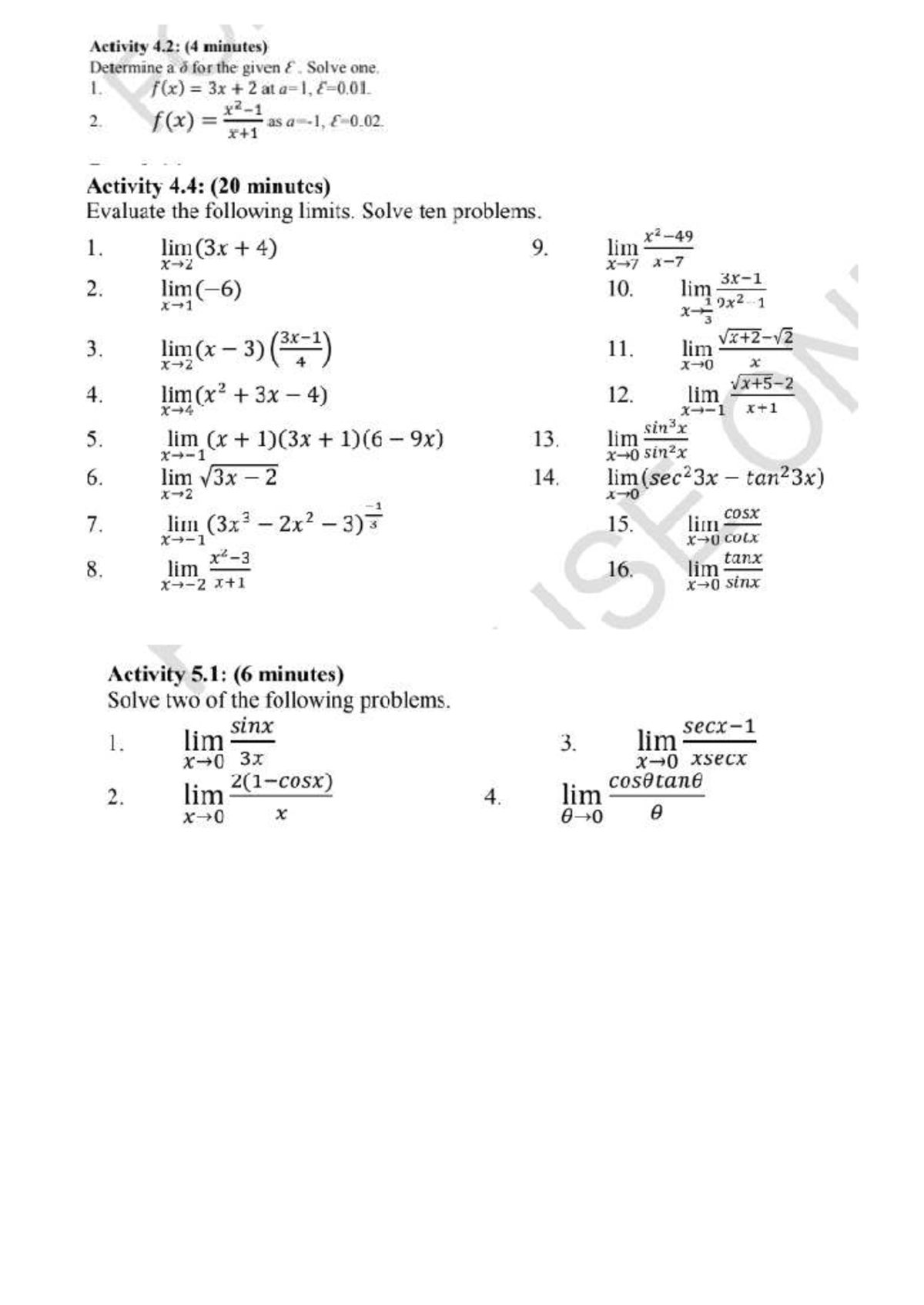 Practice Activities for Calculus 1: Limits, Derivatives, and ...