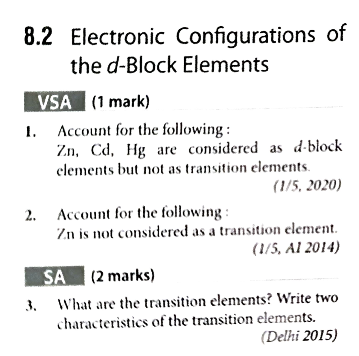 PYQ on Electronic Configurations of d and f Block Elements (VSA I ...
