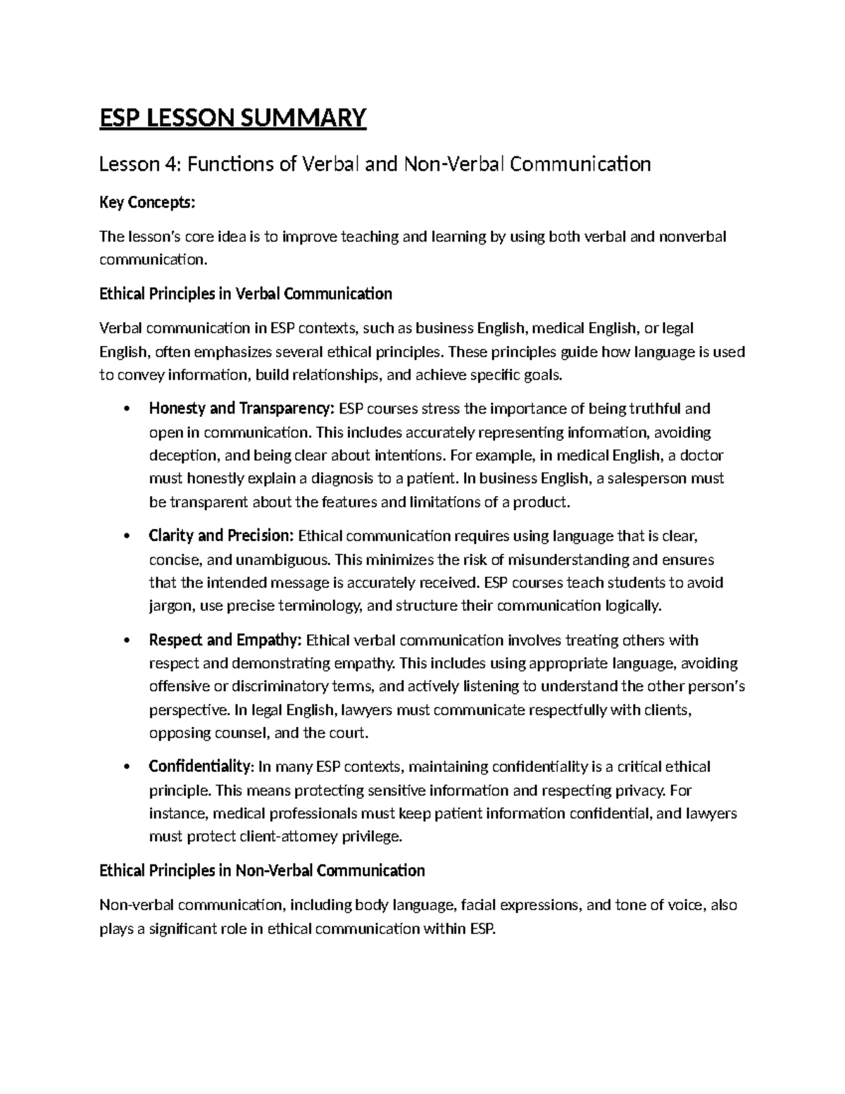ESP LESSON SUMMARY: Verbal & Nonverbal Communication Principles - Studocu