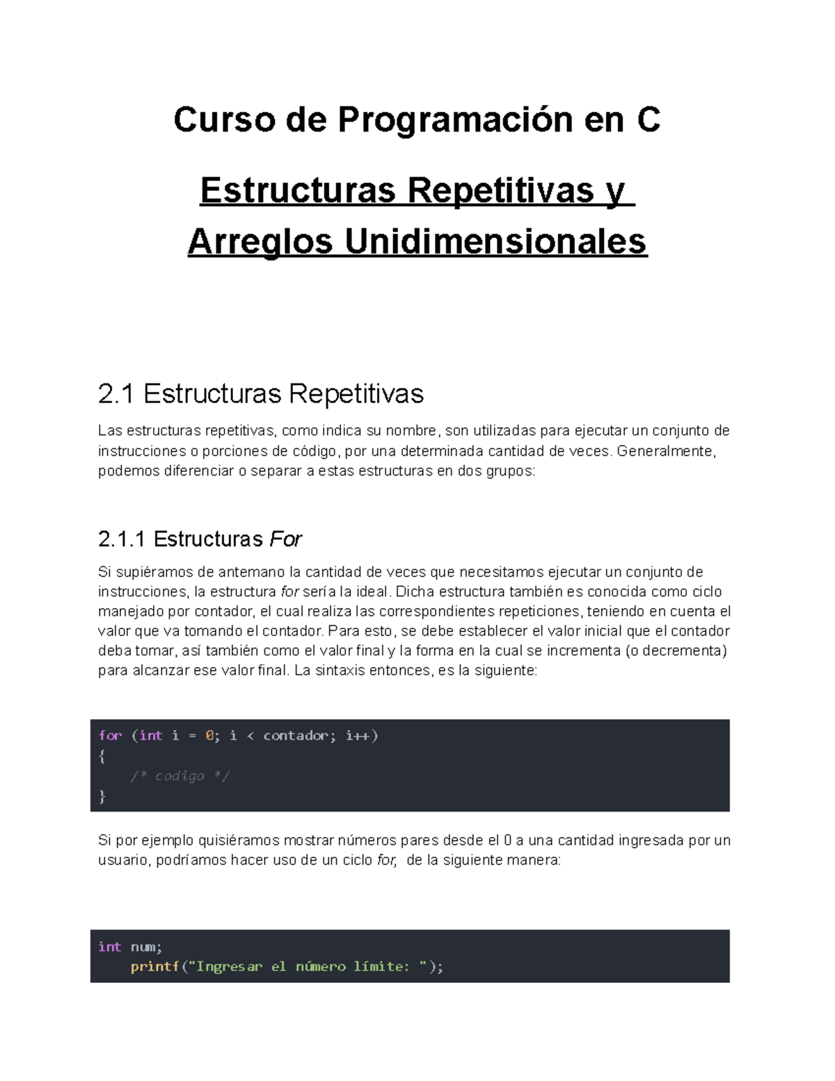 Curso de Programación en C: Estructuras Repetitivas y Arreglos Unidimensionales - Studocu