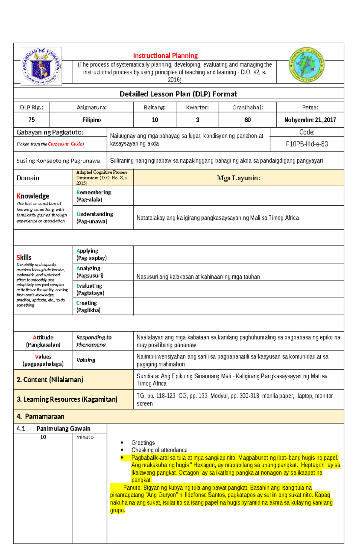 DLP for Filipino 10: Detailed Lesson Plan Q3 on Sundiata Epik - Studocu