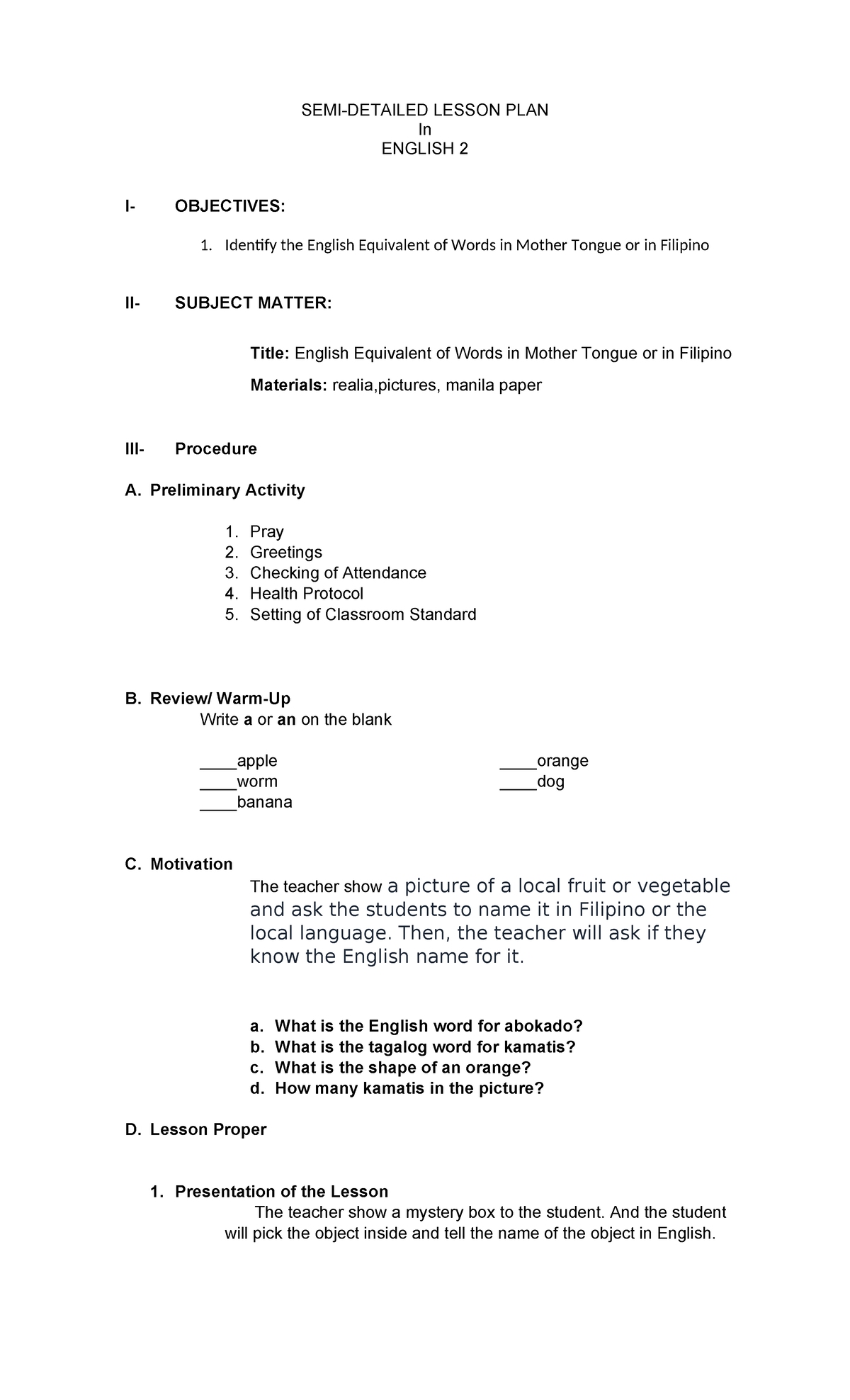 COT Lesson Plan: English Equivalents in Filipino - 2022 - Studocu