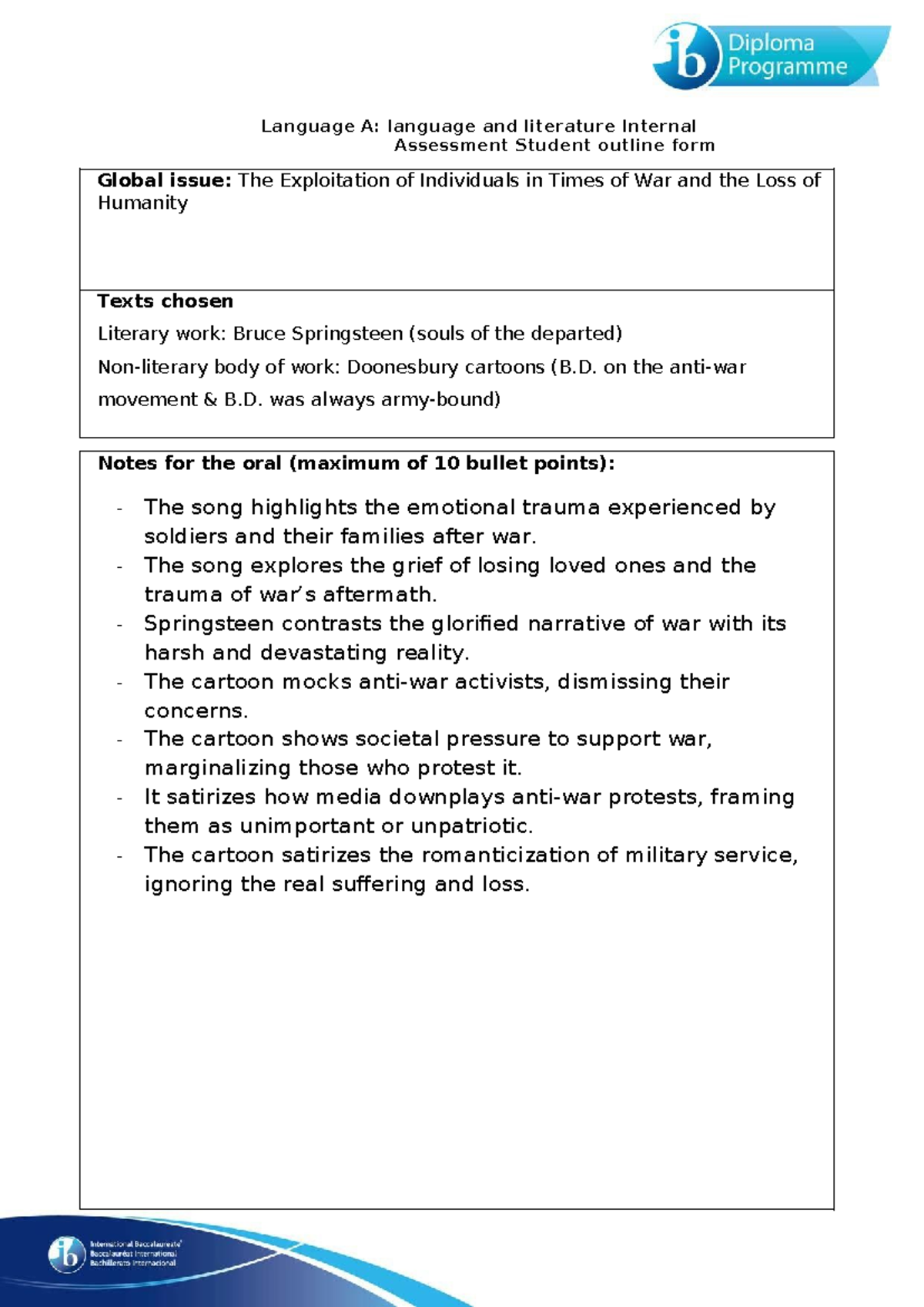 IB English IO V6: Exploitation in War & Loss of Humanity - Studeersnel