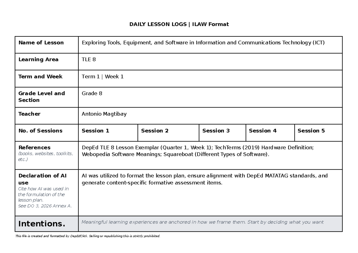 TLE 8 Daily Lesson Log: Exploring ICT Tools & Software (Term 1, Week 1 ...