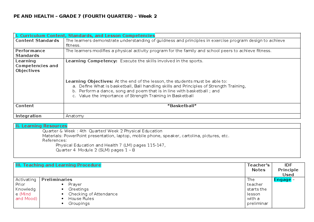 DEPed Matatag PE 7 Week 2 Lesson Plan: Basketball & Strength Training ...