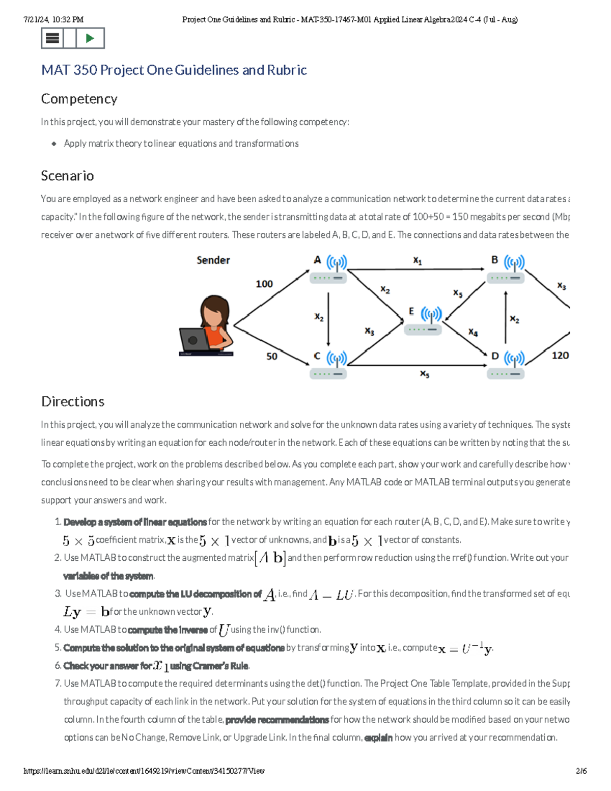 MAT-350 Project One Guidelines & Rubric: Applied Linear Algebra 2024 - Studocu