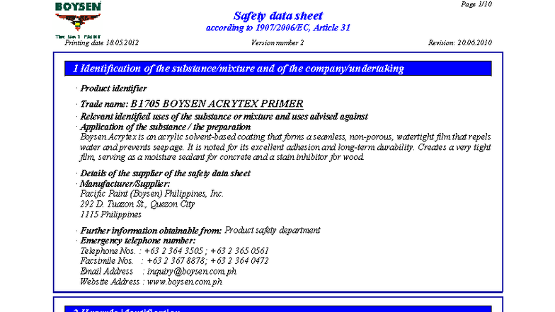 Safety Data Sheet for B1705 Boysen Acrytex Primer (Version 2) - Studocu