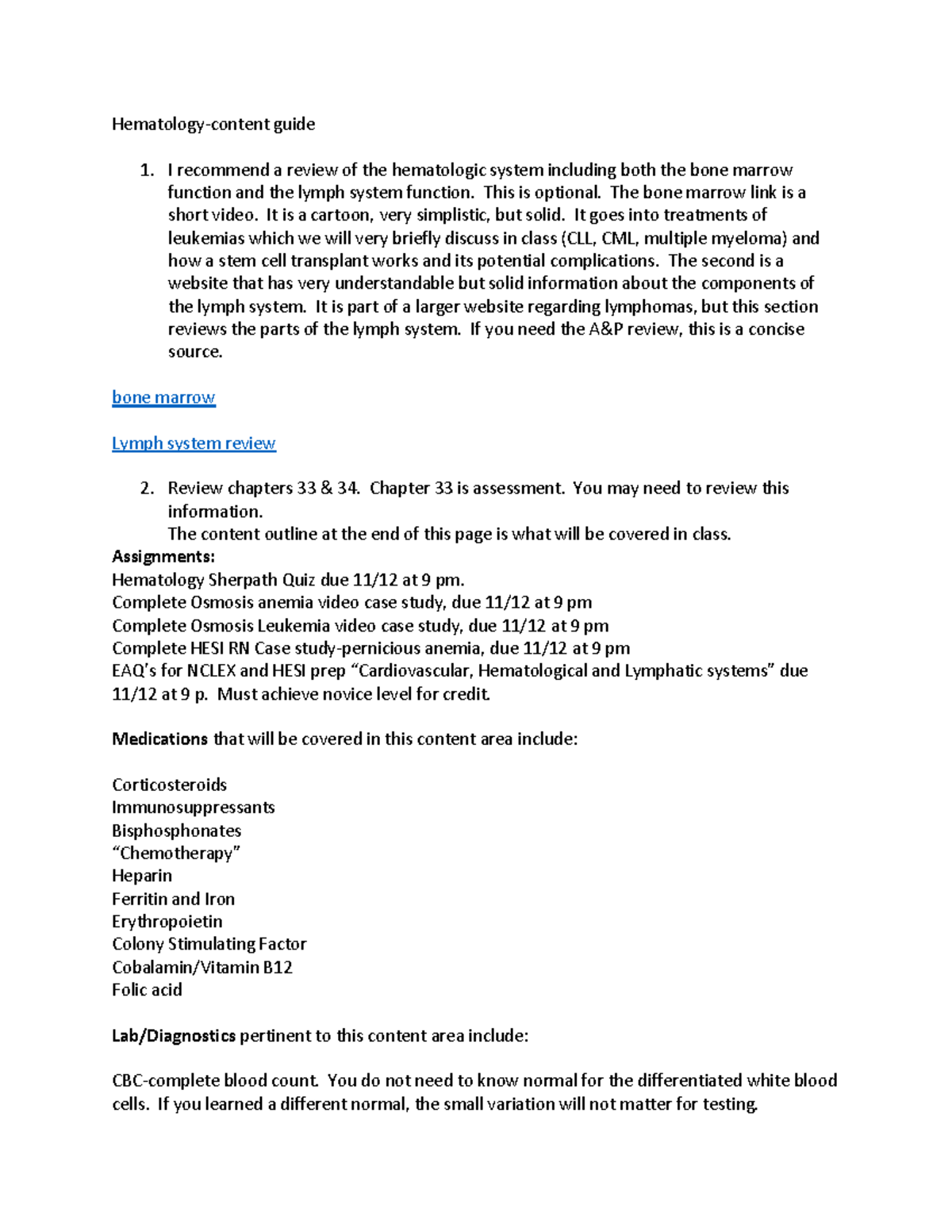Hematology Content Guide for Course CLIN 405: Key Concepts and Review ...