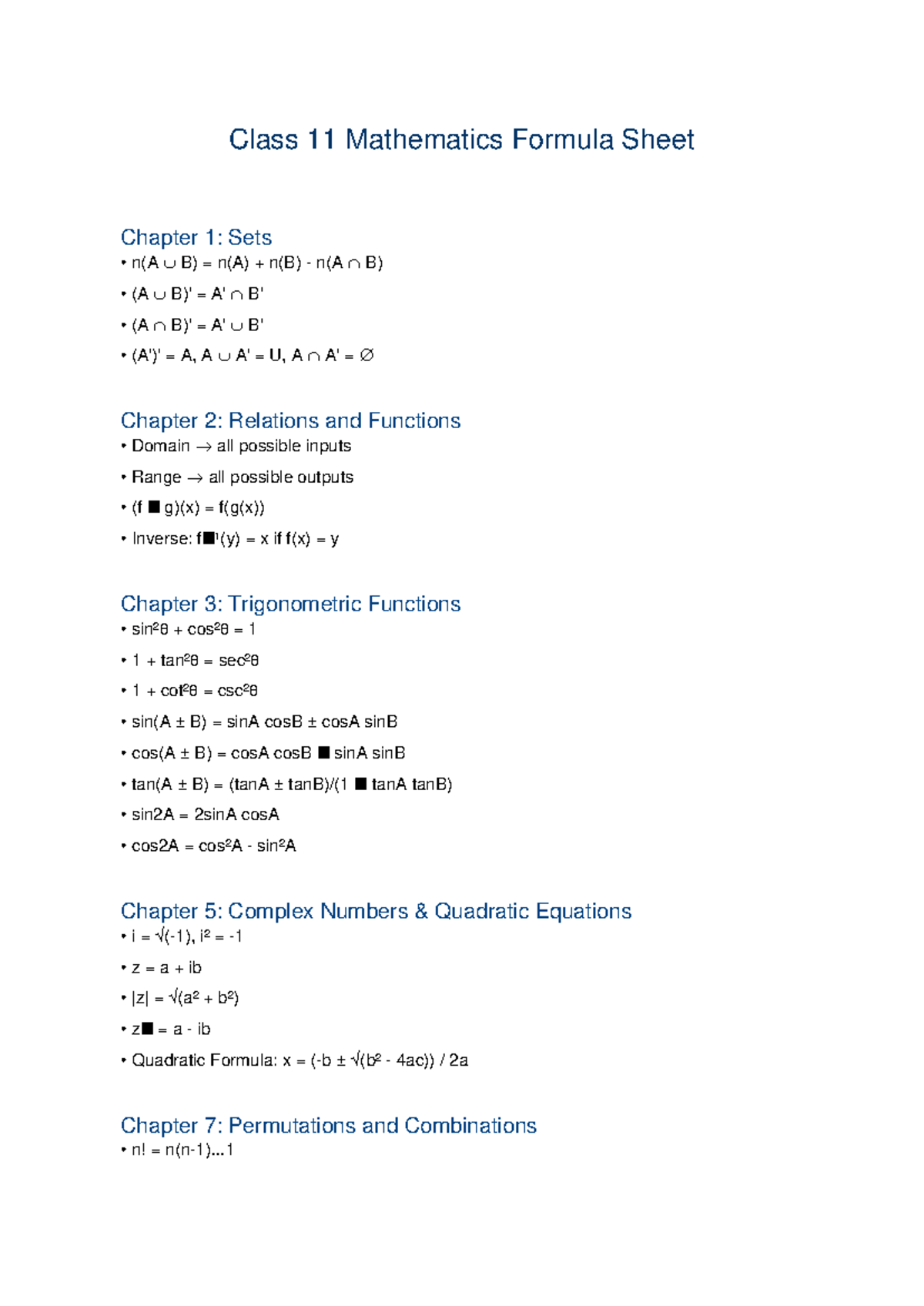Class 11 Maths Formula Sheet: Key Concepts & Formulas - Studocu