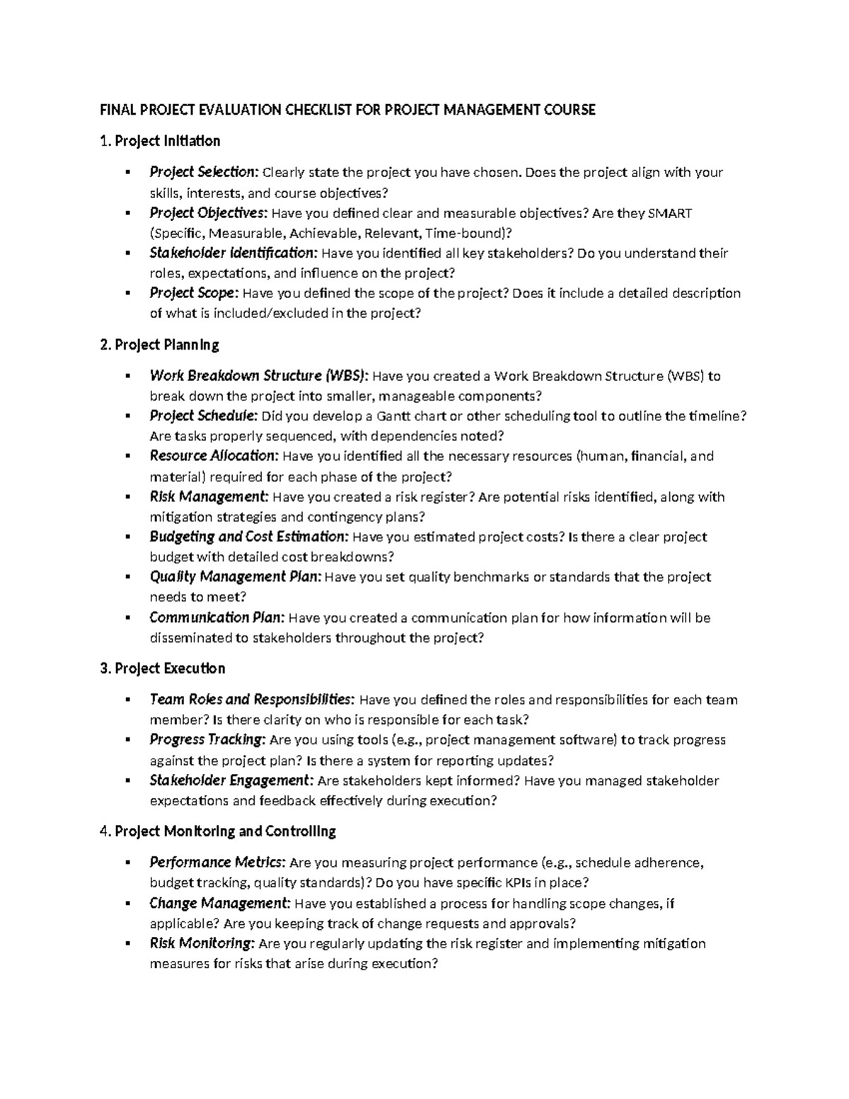 Final project checklist - FINAL PROJECT EVALUATION CHECKLIST FOR ...