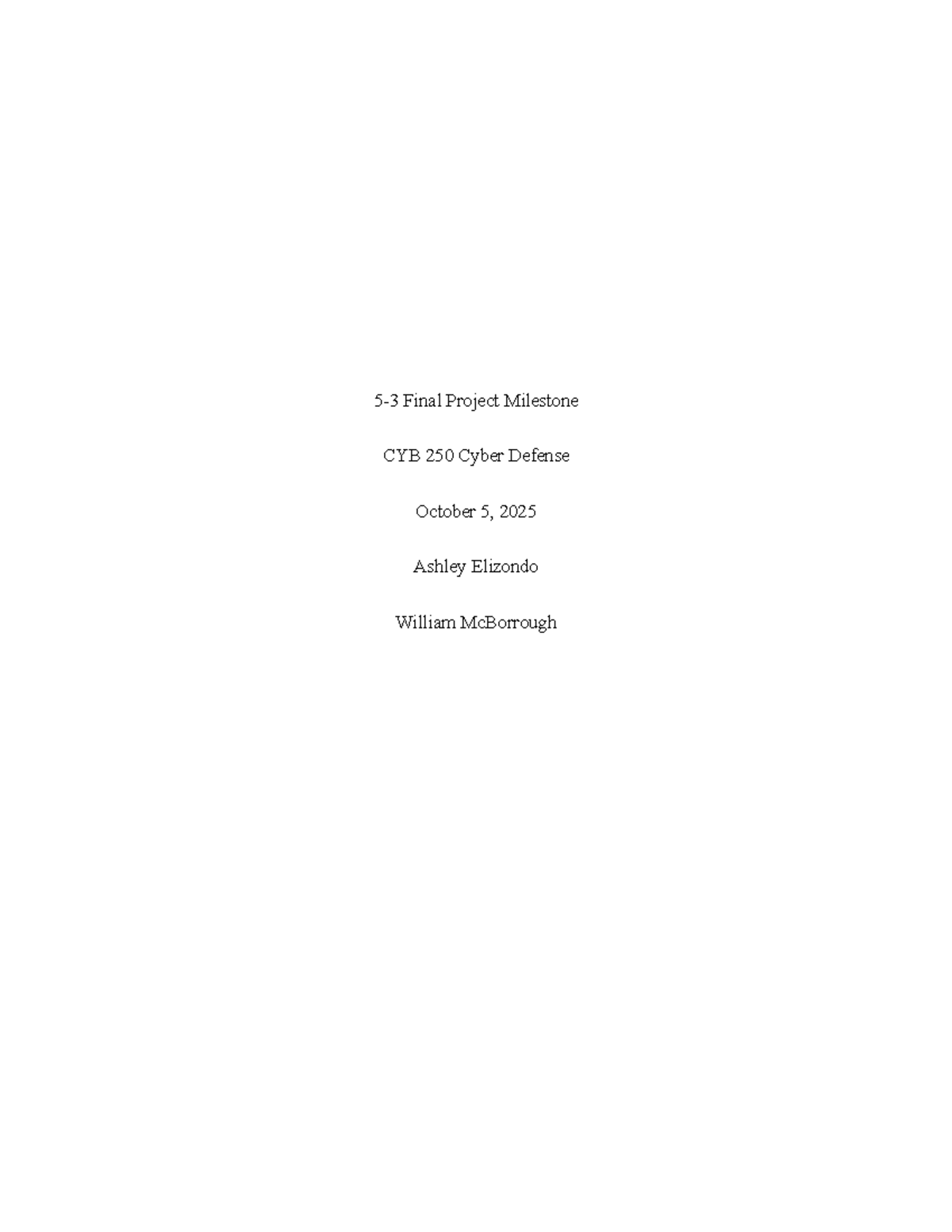 Final Project Milestone: Cyber Defense Strategies for CYB 250 - Studocu