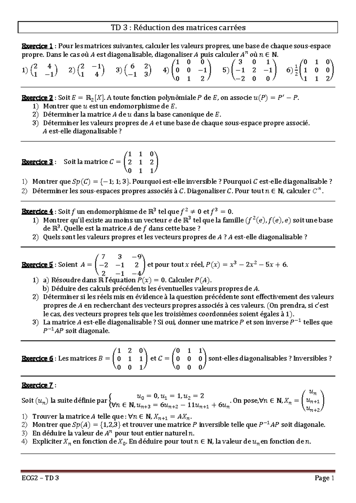 TD 3 : Réduction des Matrices Carrées - Exercices et Solutions - Studocu