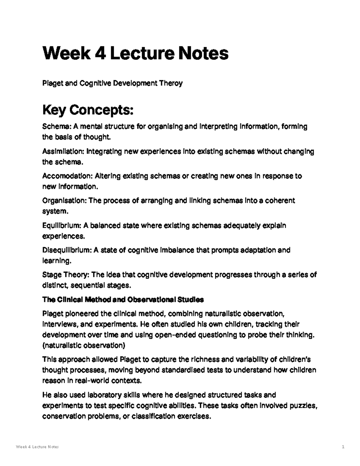 Week 4 Lecture Notes: Piaget's Theory of Cognitive Development - Studocu