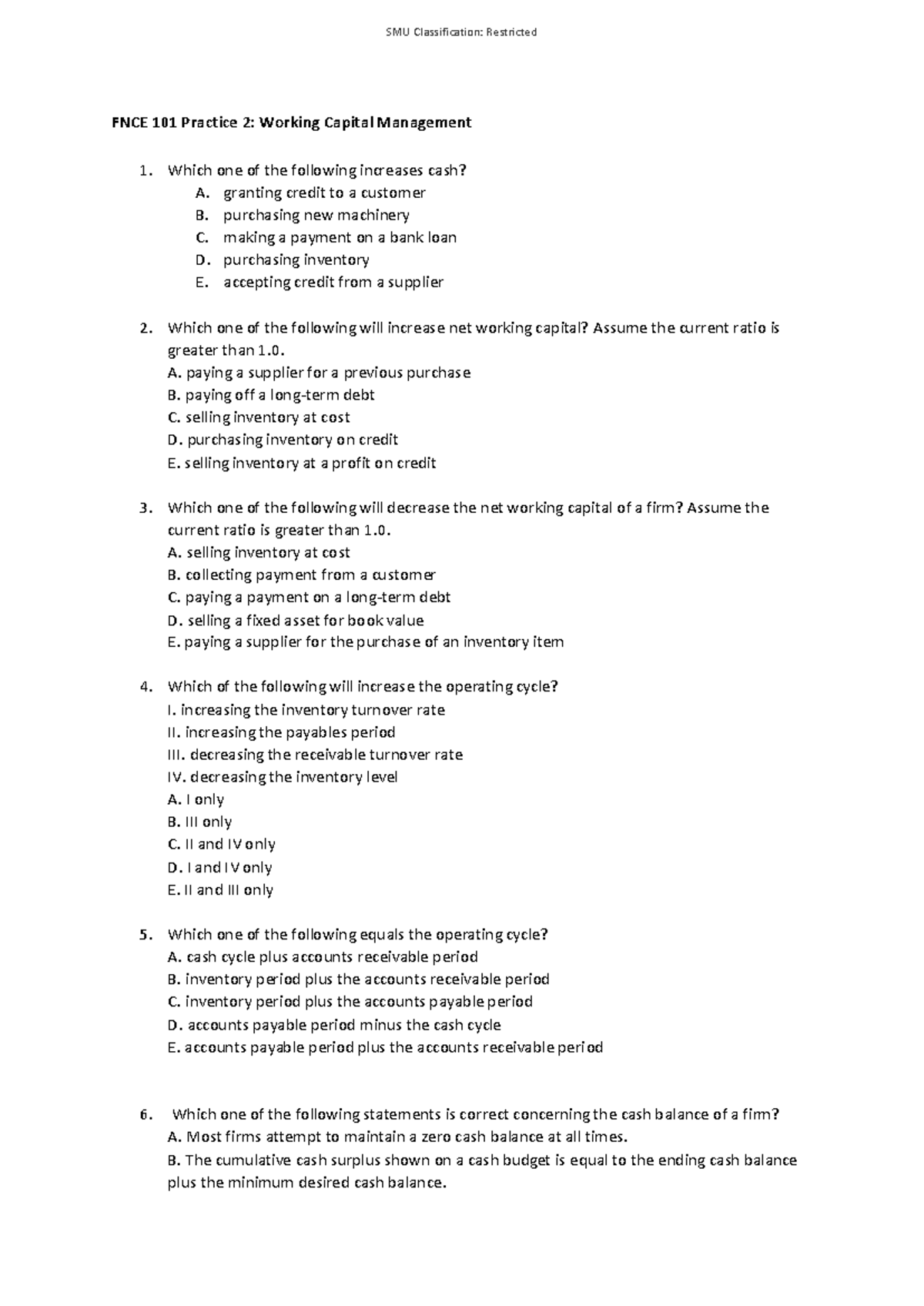 FNCE 101 Practice 2 - SMU Classification: Restricted FNCE 101 Practice ...