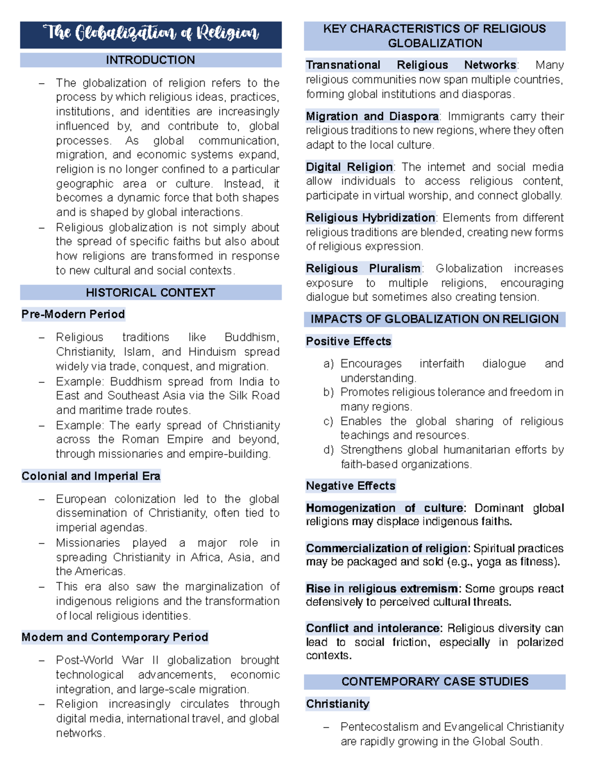 The Globalization of Religion: Key Characteristics and Impacts - Studocu