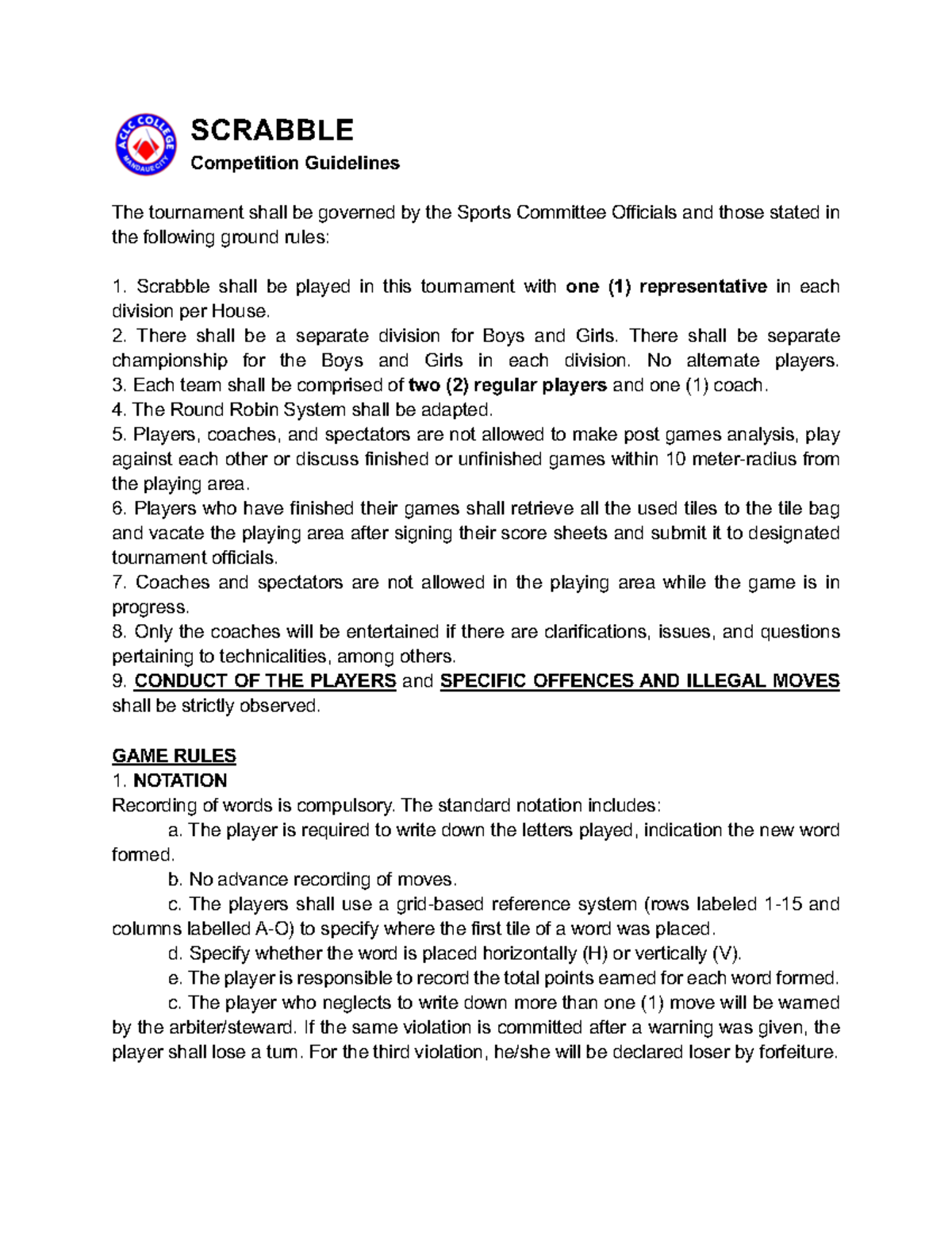 Scrabble Tournament Guidelines - Competition Rules and Format - Studocu