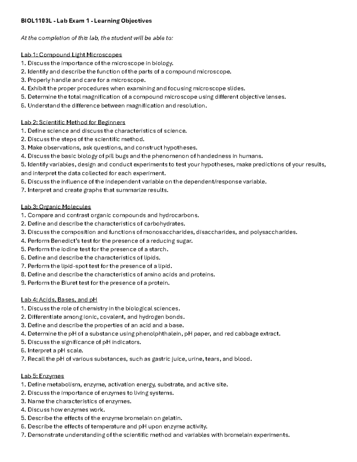BIOL1103L Lab Exam 1: Key Learning Objectives Overview - Studocu