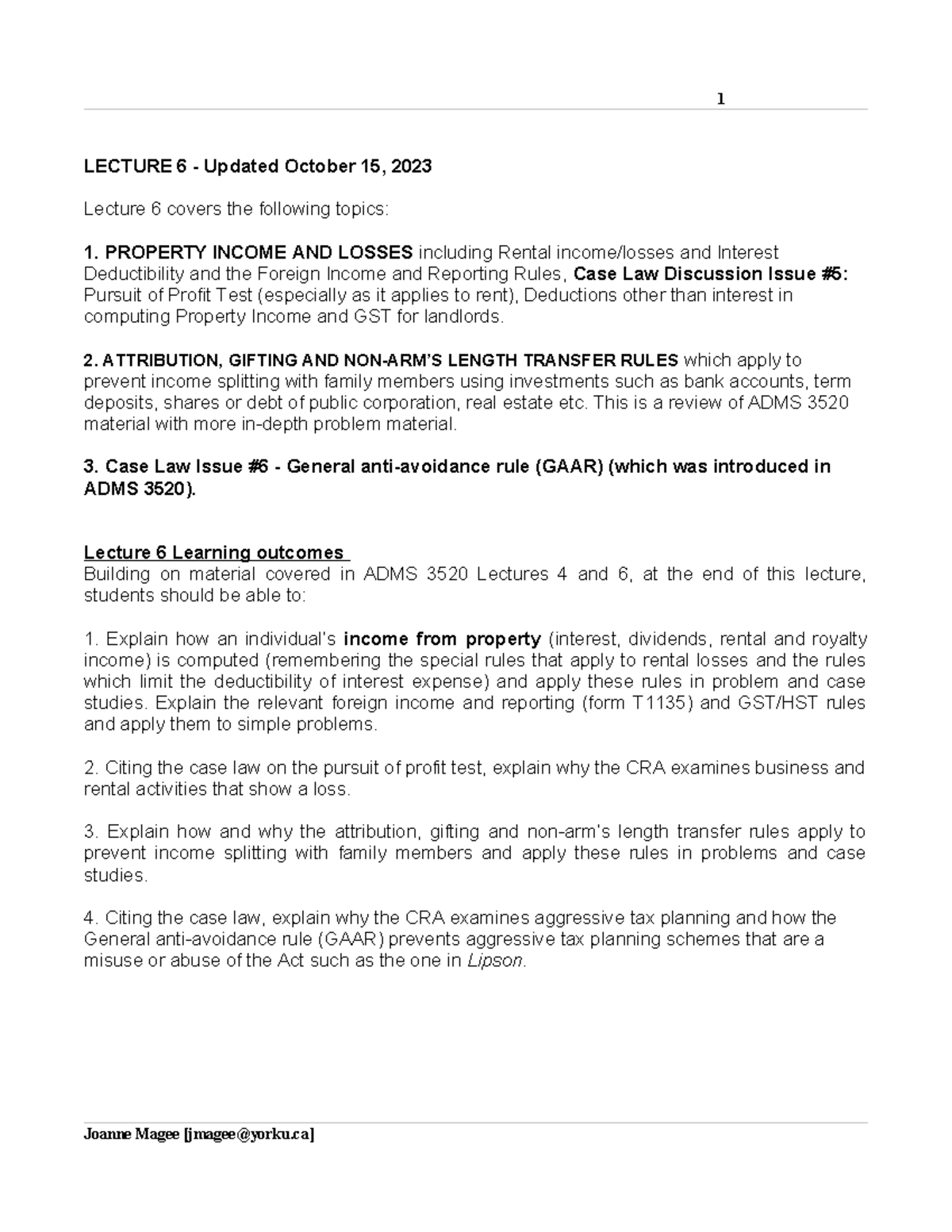 ADMS 4561 Lecture 6: Property Income, Losses & Attribution Rules - Studocu