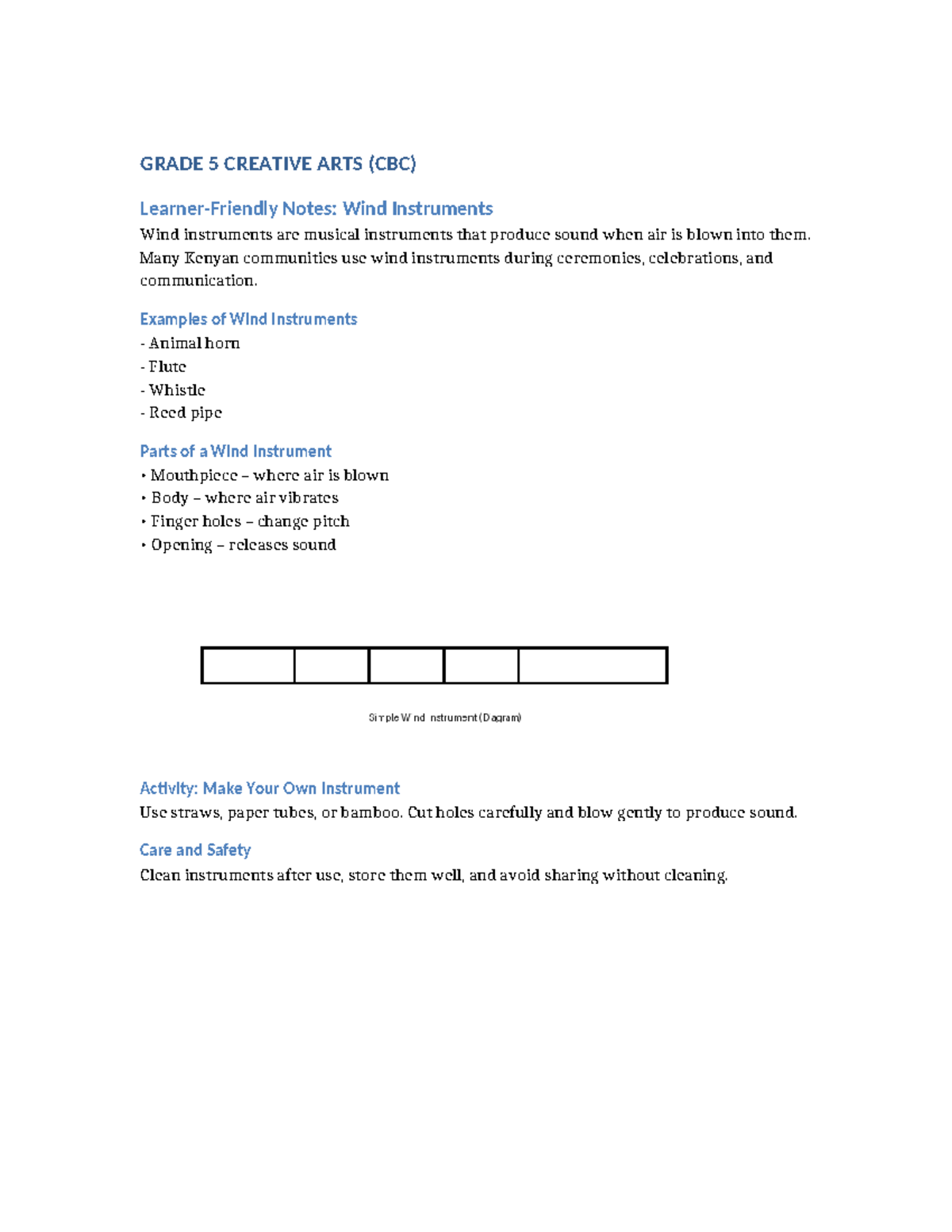 GRADE 5 CREATIVE ARTS (CBC) Notes on Wind Instruments - Studocu