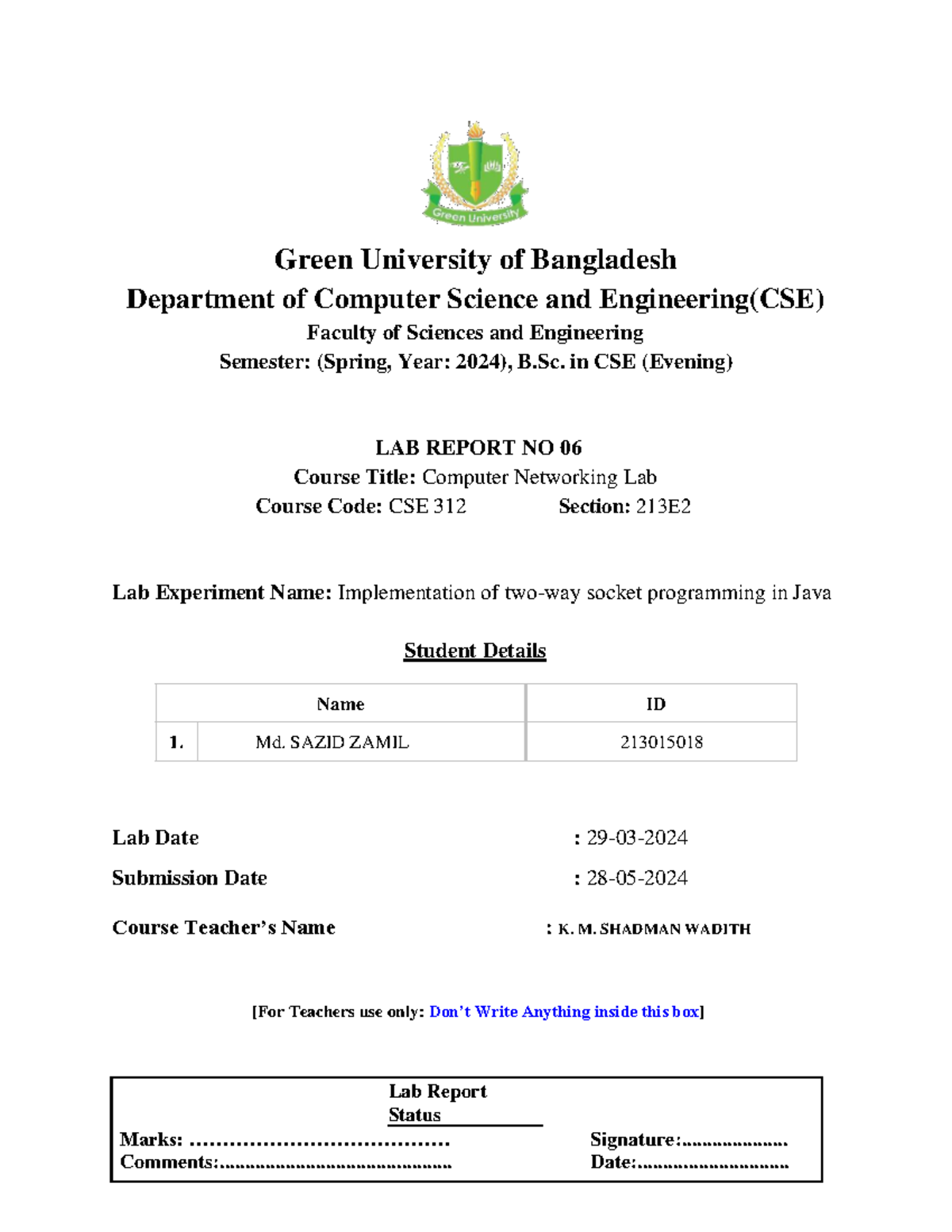 213015018 LAB 6 MD Sazid Zamil - Green University of Bangladesh Department of Computer Science ...