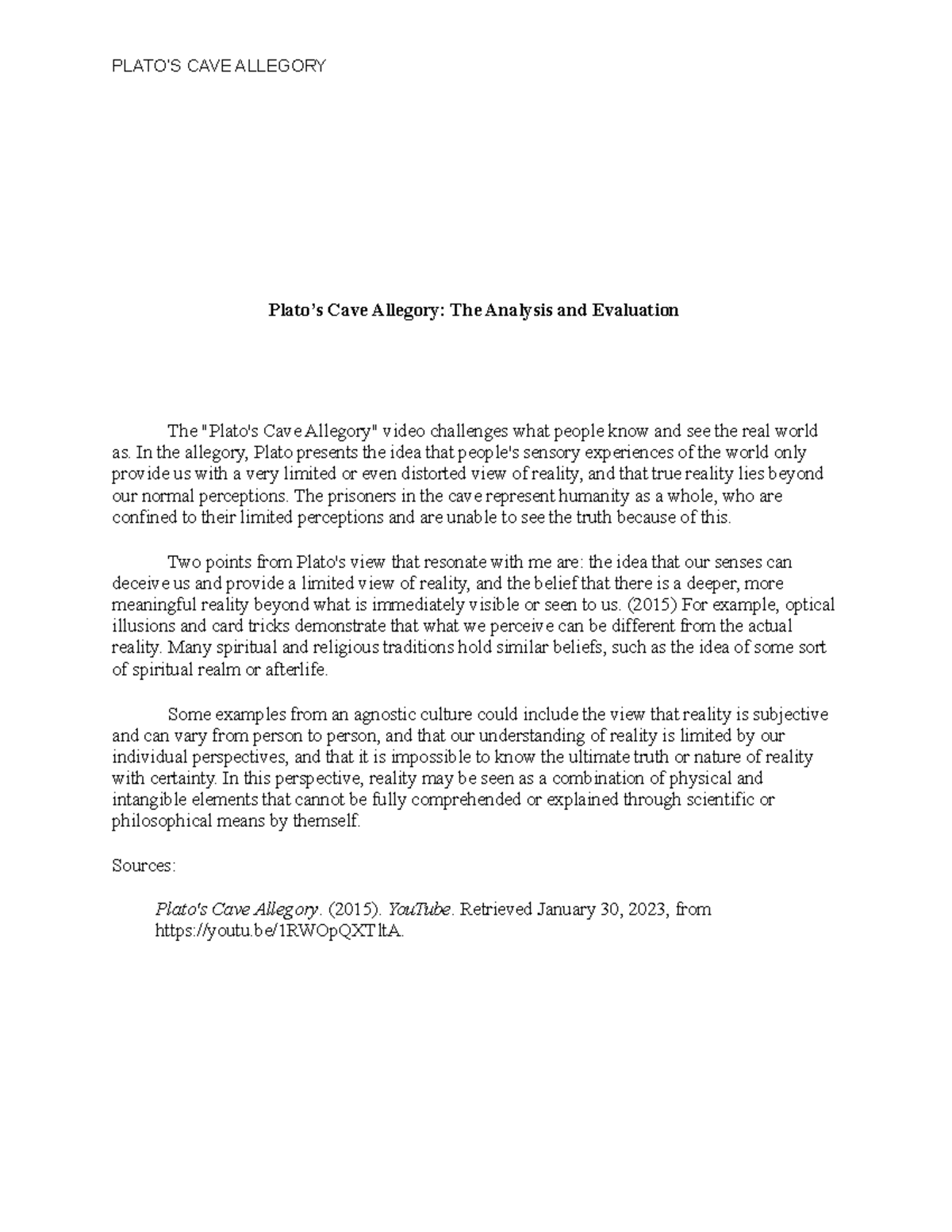 Plato's Cave-2 - Plato's Cave Allegory short essay - PLATO’S CAVE ...