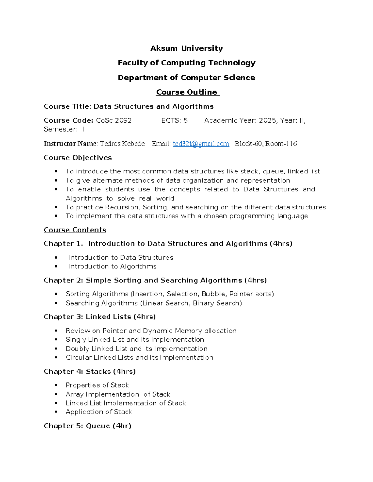 Course Outline: Data Structures and Algorithms CoSc 2092 - Studocu