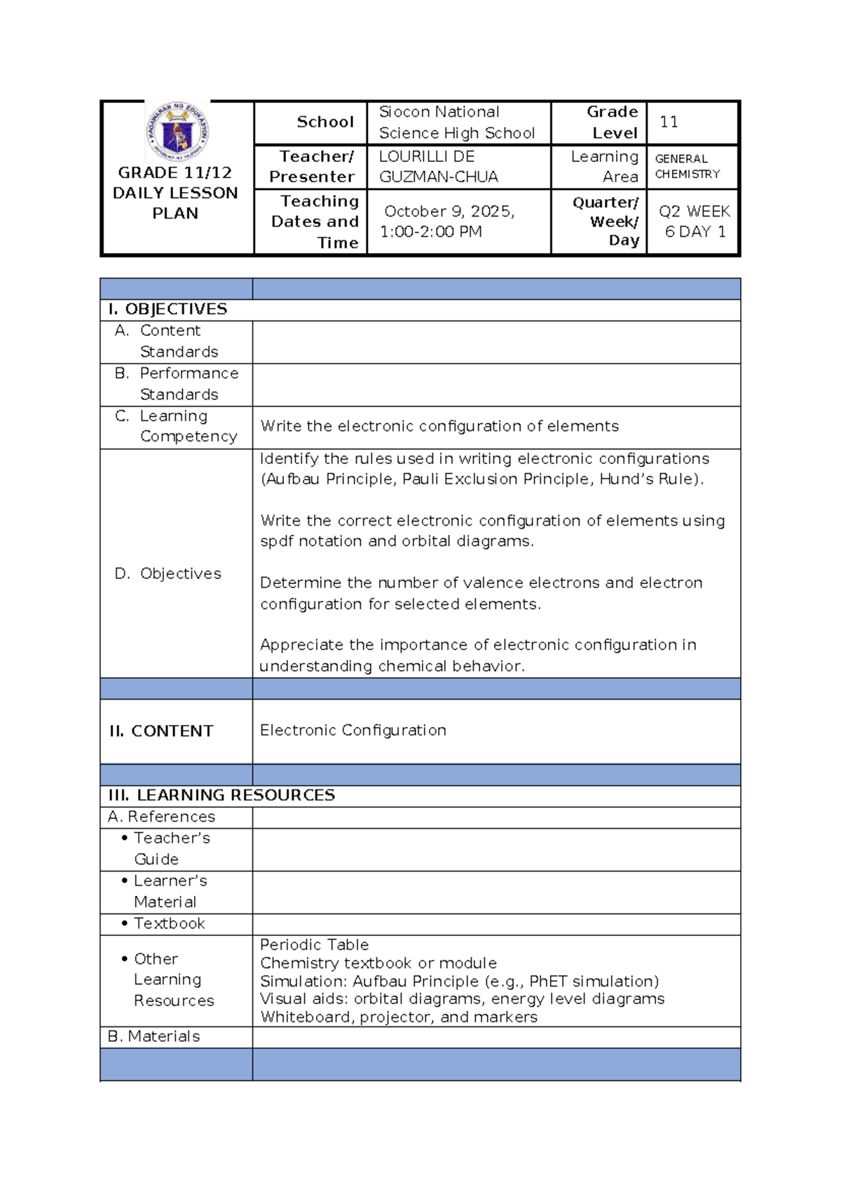 COT Q2 Daily Lesson Plan: Electronic Configuration for Grade 11 - Studocu