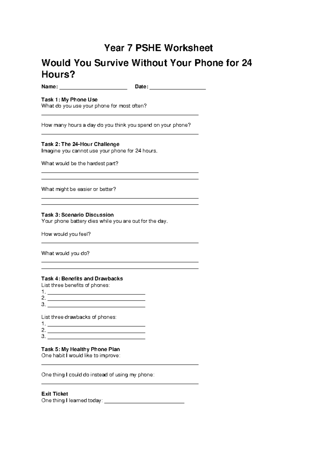 Year 7 PSHE Worksheet: Surviving 24 Hours Without Your Phone - Studocu