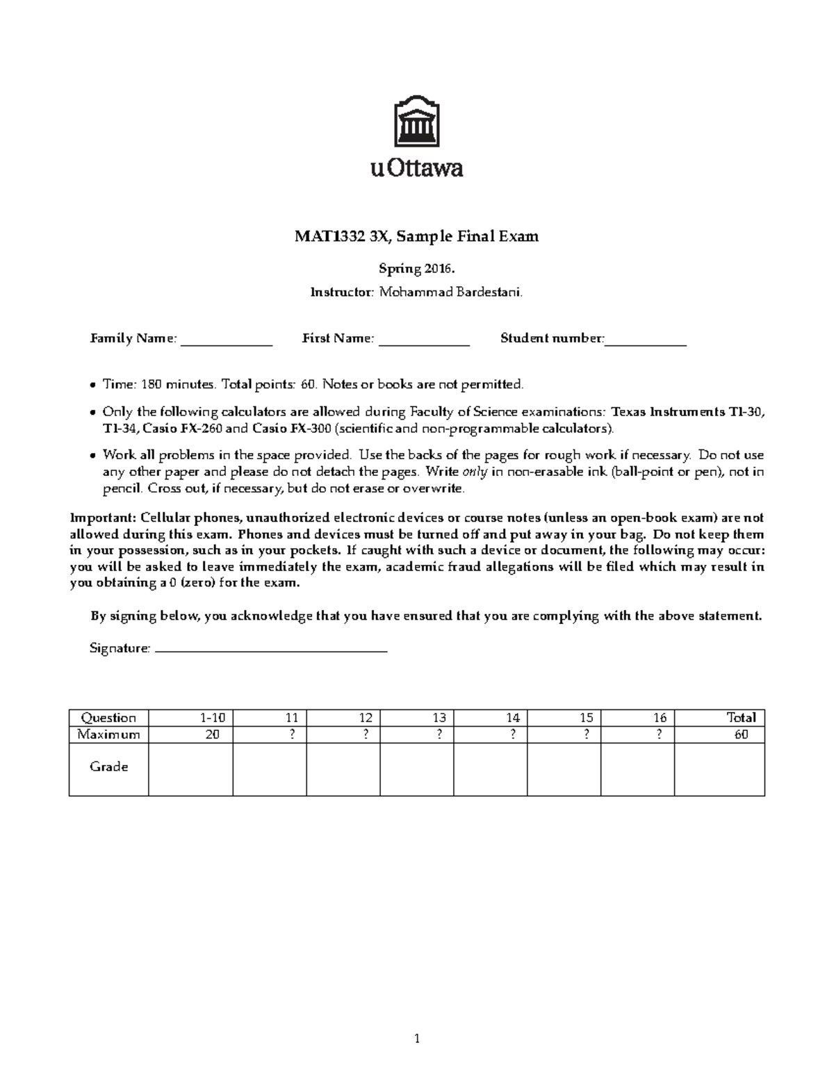MAT1332 3X, Sample Final Exam Practice Spring 2016 - Studocu