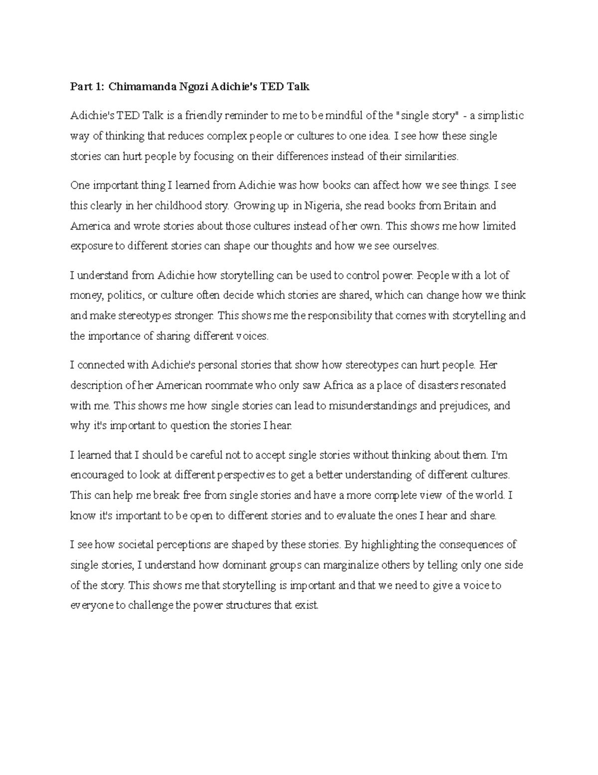 Chimamanda Adichie's Ted Talk Reflection Paper - Part 1: Chimamanda ...