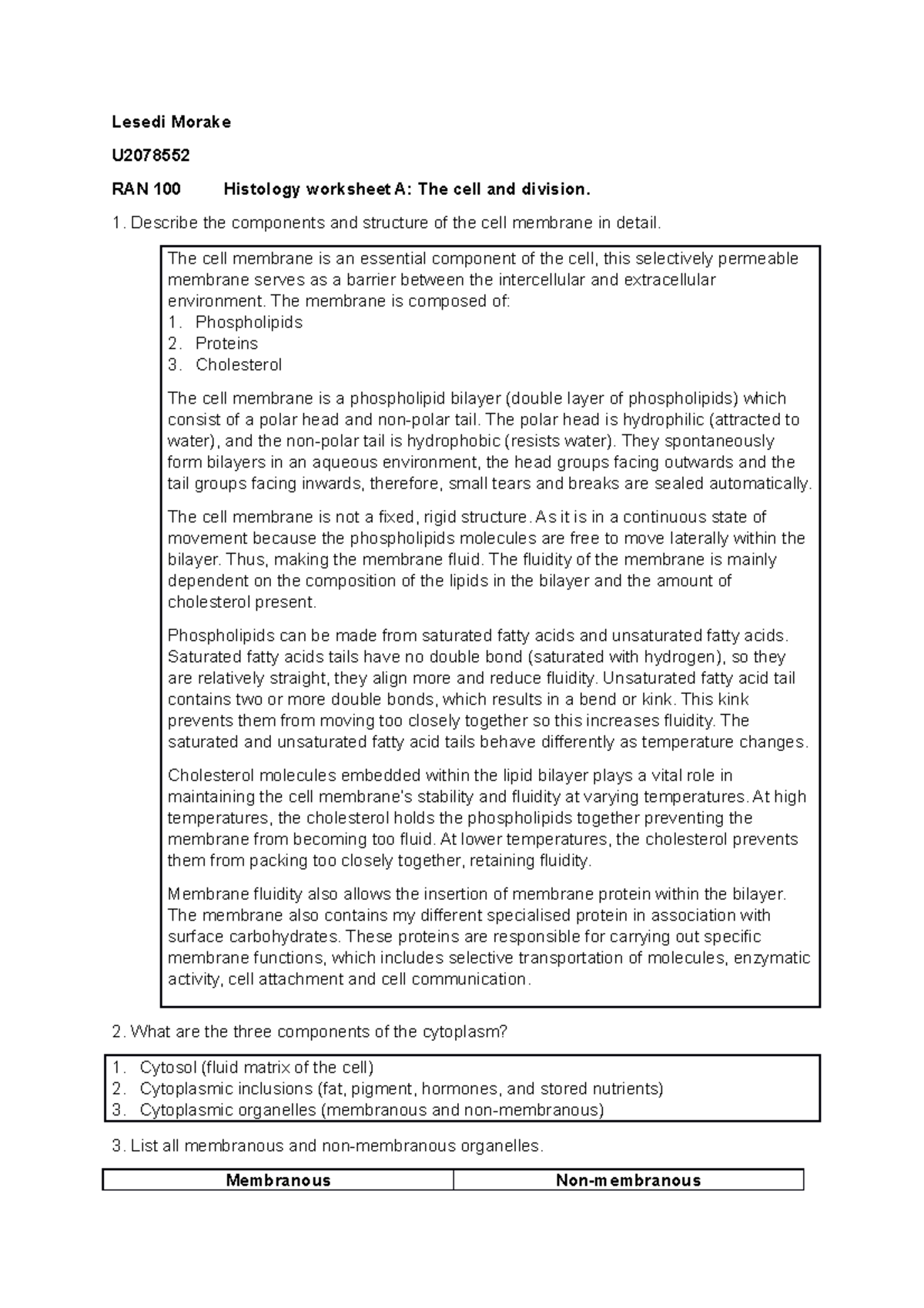 Histology worksheet A (cells, cell division, tissue) - Lesedi Morake U ...