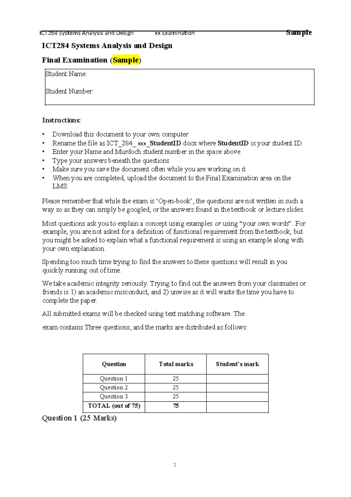 ICT284 Final Exam 2023 - Sample Questions on Systems Analysis - Studocu