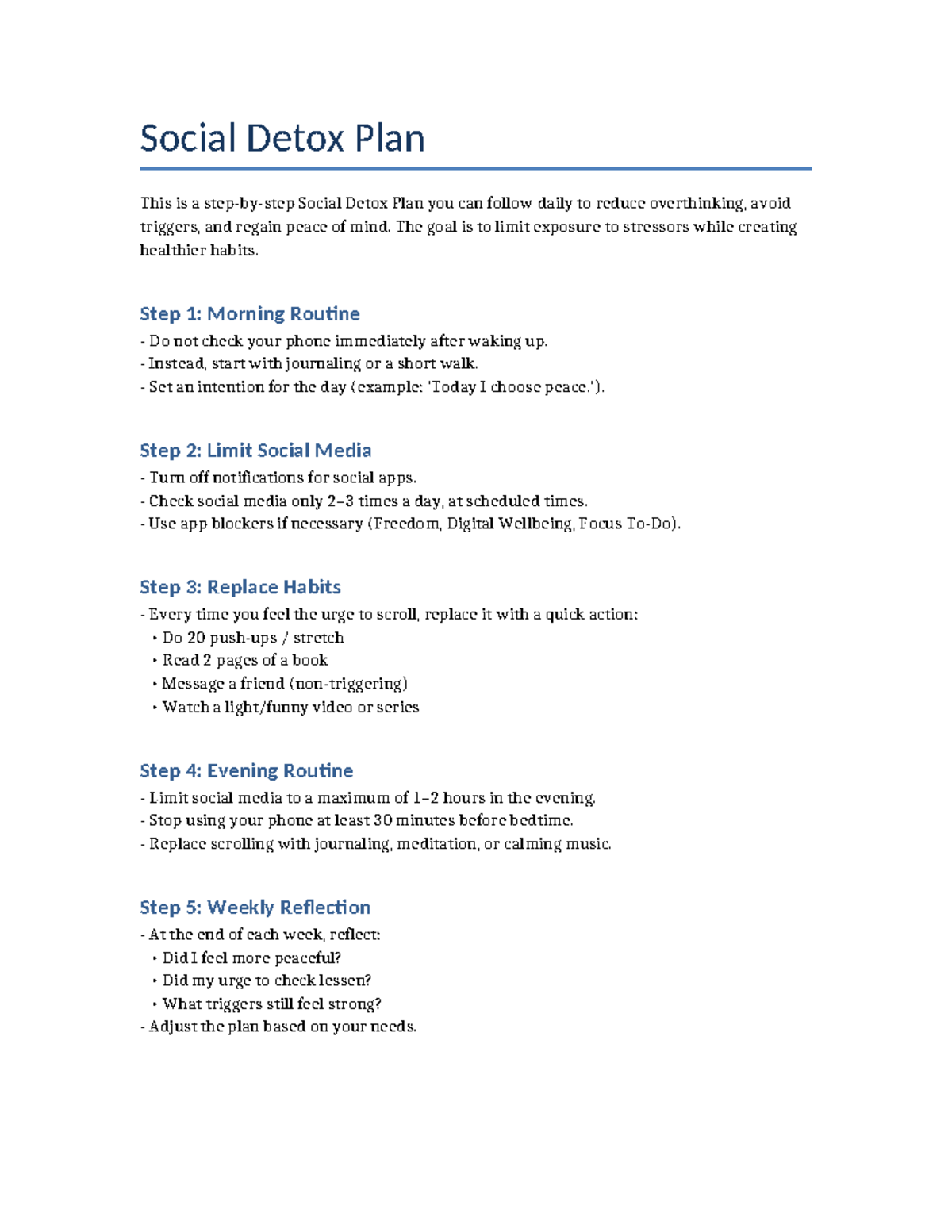 Social Detox Plan: Daily Steps to Regain Peace of Mind - Studocu