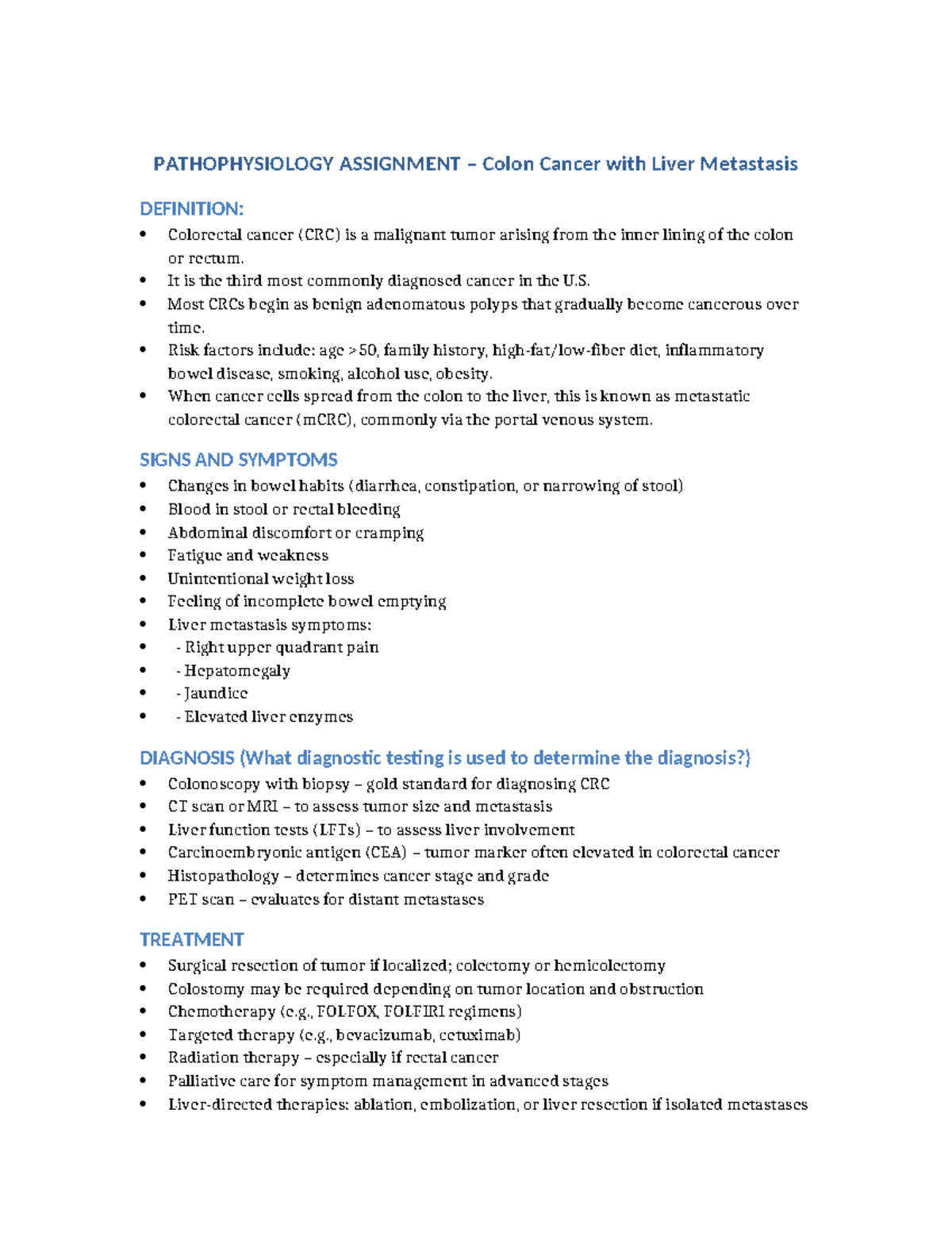 Colon Cancer Pathophysiology Assignment - PATHOPHYSIOLOGY ASSIGNMENT ...