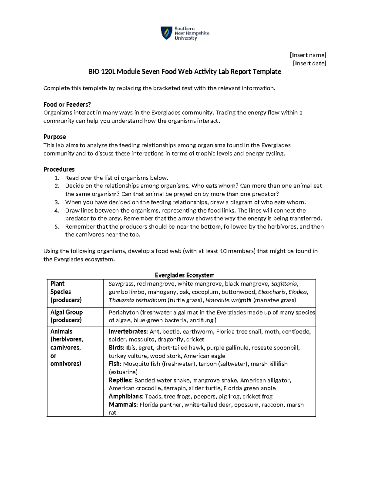 BIO 120L Food Web Activity Lab Report Template for Everglades Ecosystem ...