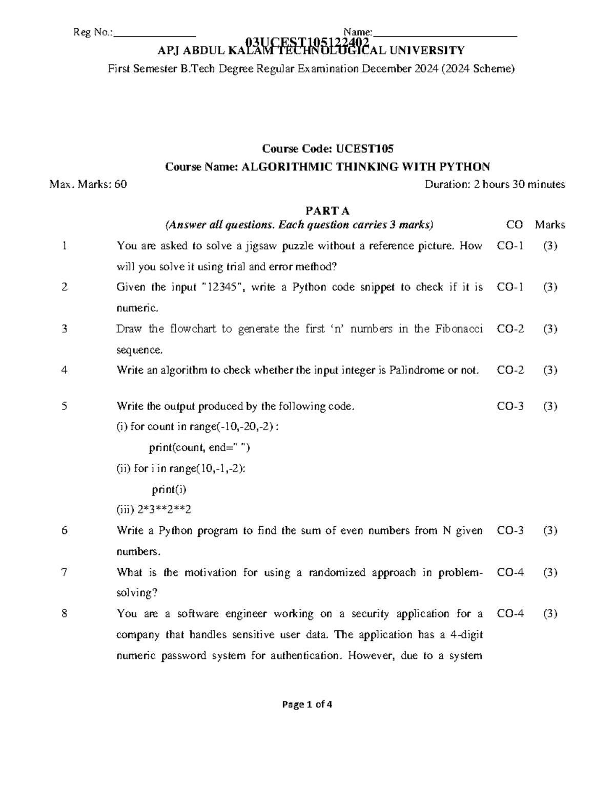 UCEST105 - Algorithmic Thinking with Python Final Exam QP December 2024 - Studocu