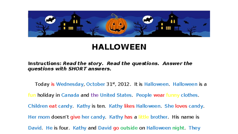 Halloween Reading Comprehension Questions - Studocu