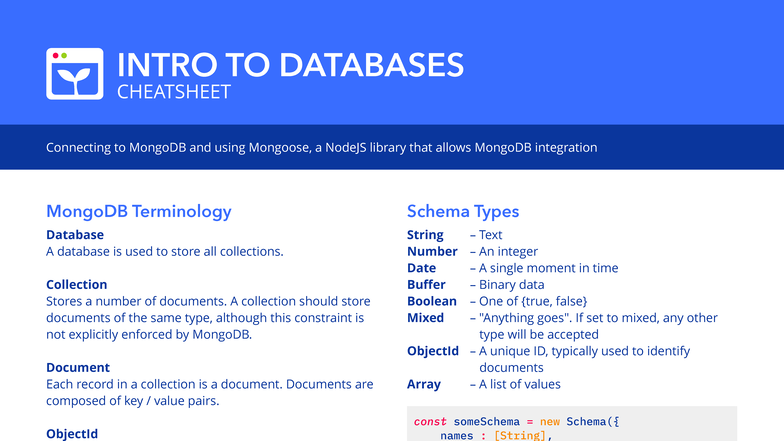 INTRO TO DATABASES CHEATSHEET: MongoDB & Mongoose Overview - Studocu