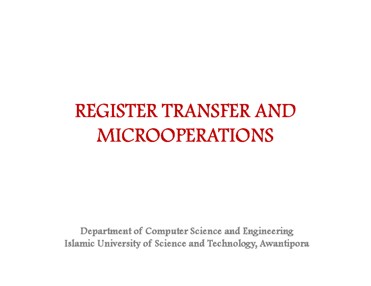 CSE 301 Lecture Notes: Register Transfer & Microoperations - Studocu