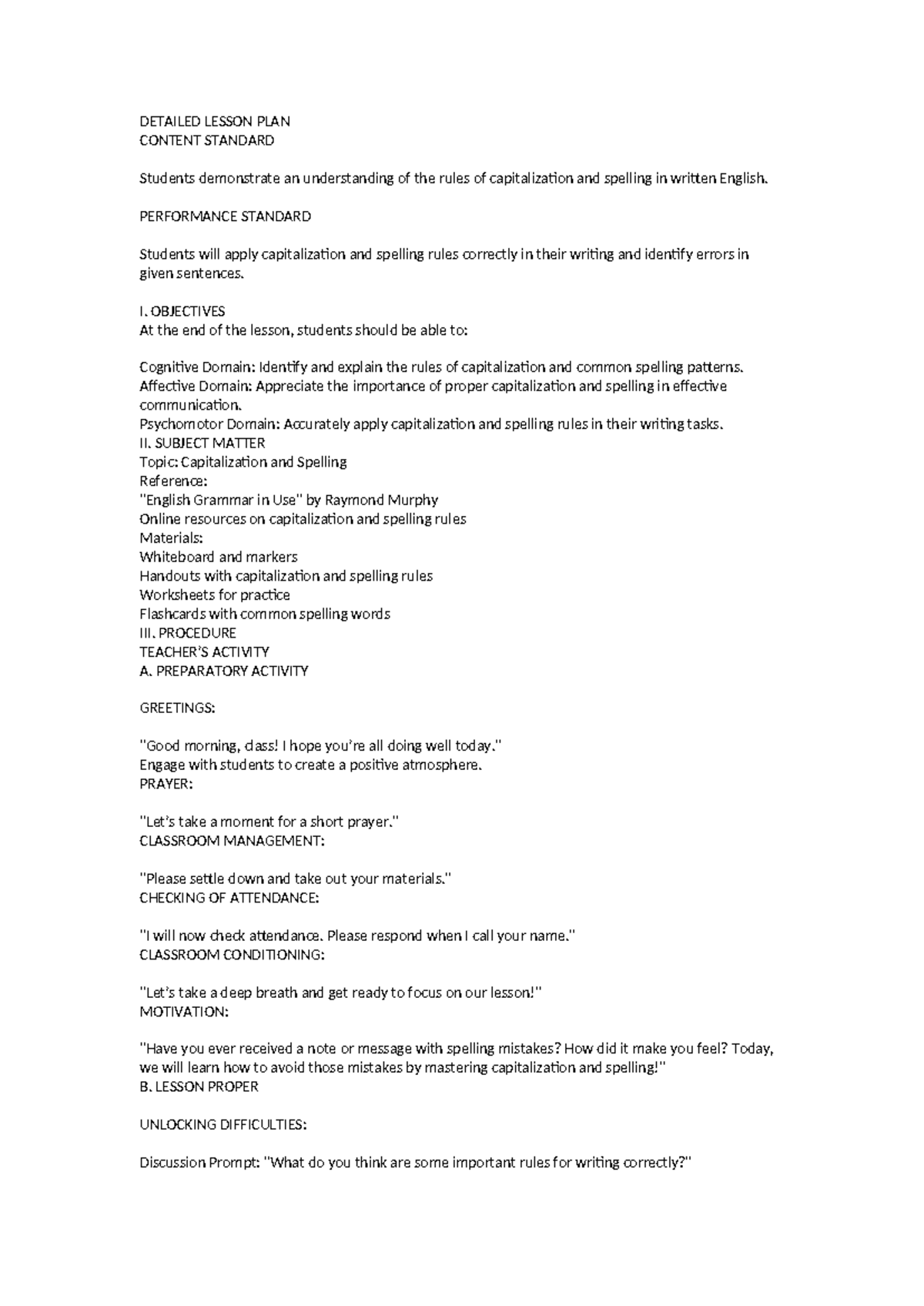 Capitalization and Spelling Lesson Plan - Course Code: ENG101 - Studocu