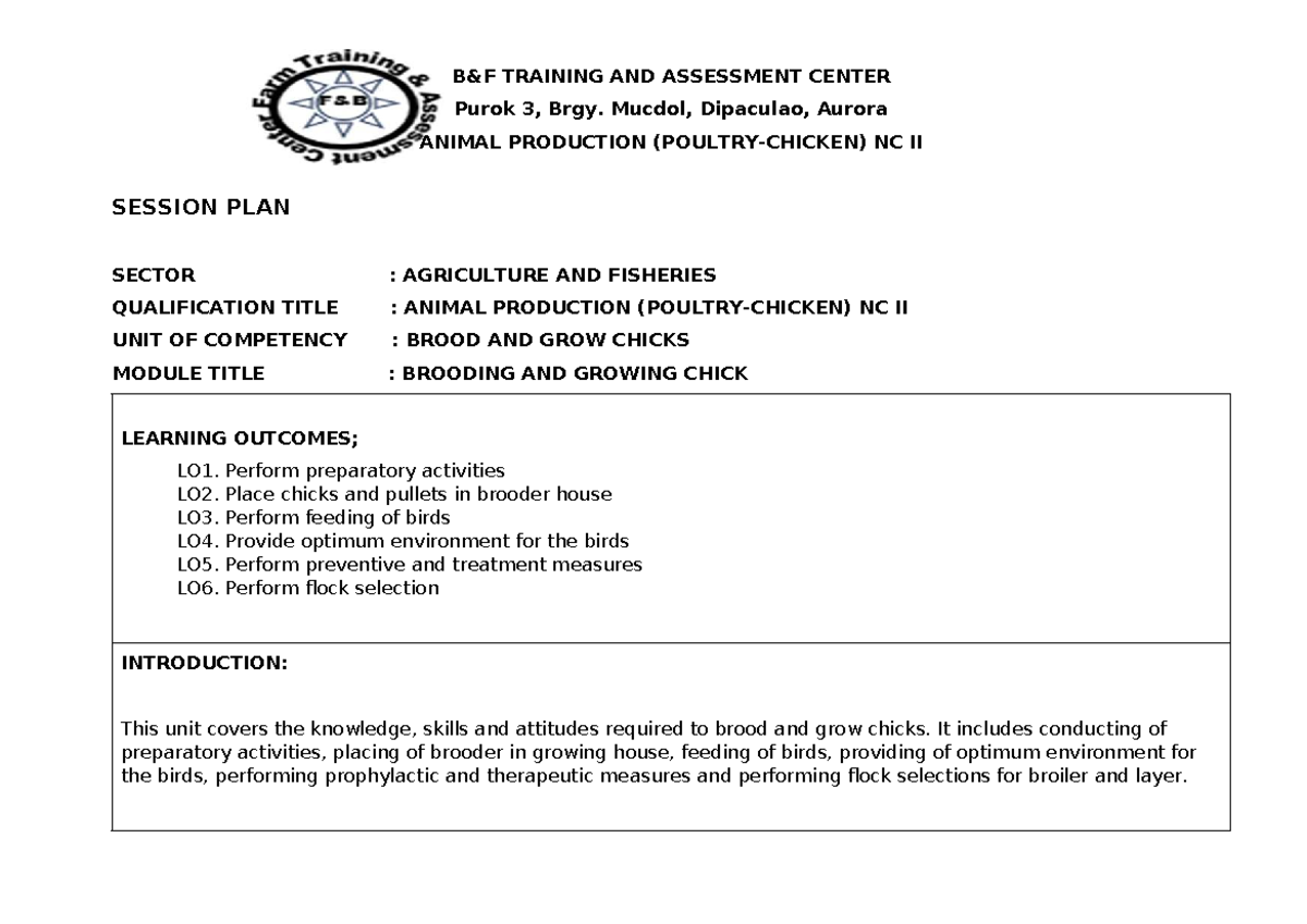 Animal Production NC II Session Plan: Brooding & Growing Chicks - Studocu