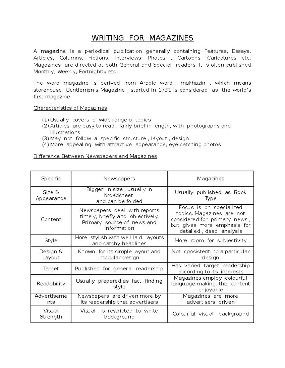 Writing FOR Magazines - WRITING FOR MAGAZINES A magazine is a ...