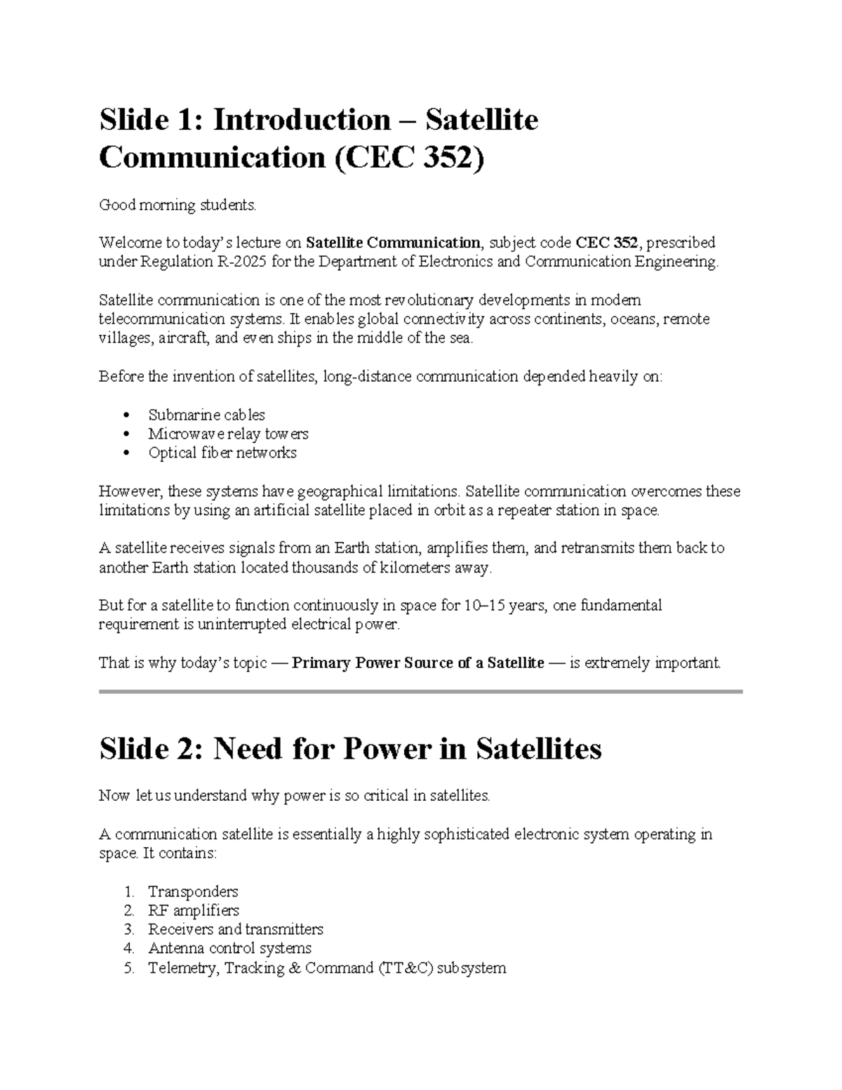 Lecture on Satellite Communication Power Systems (CEC 352) - Studocu