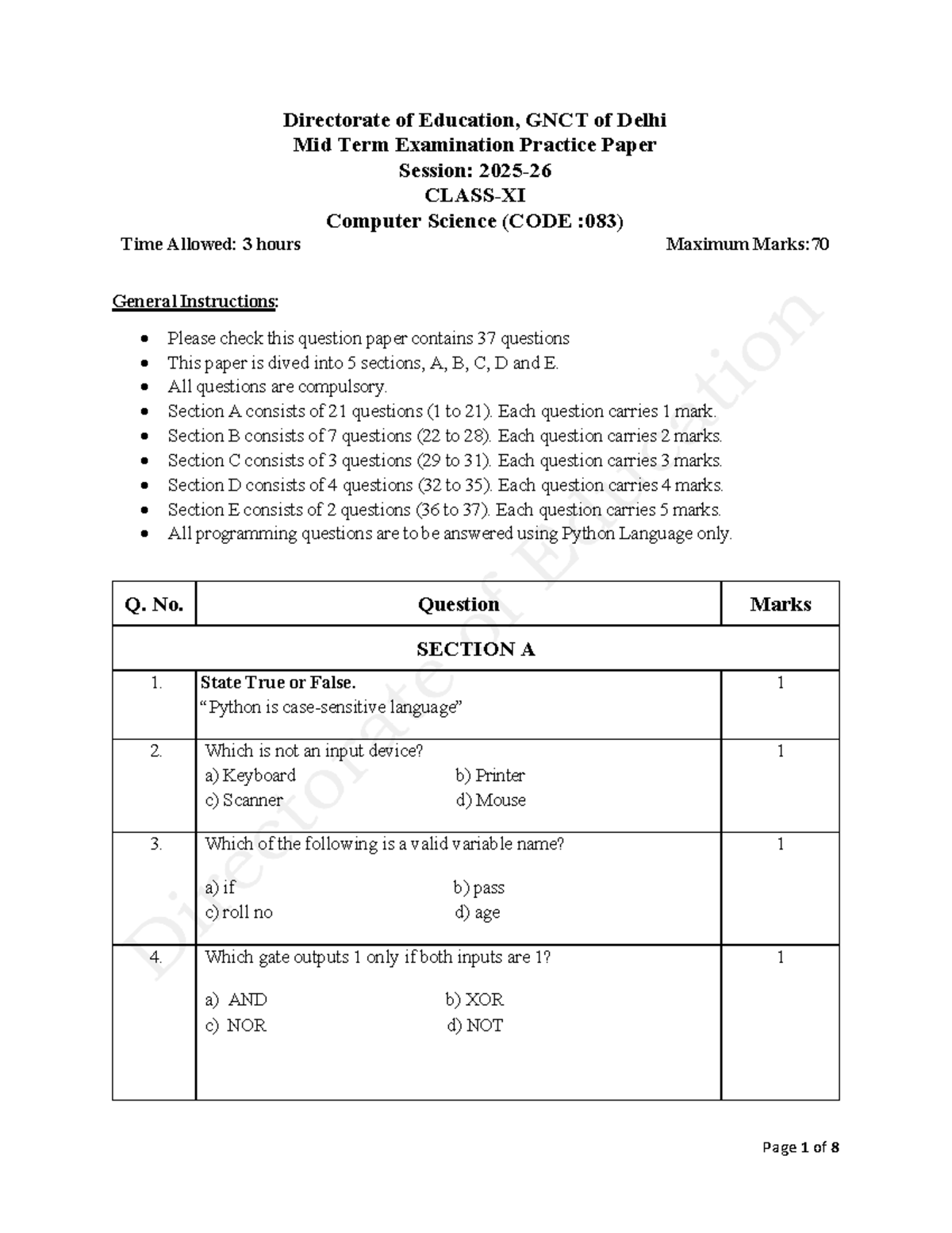 Mid Term Exam Practice Paper: Computer Science (CODE: 083) - Studocu