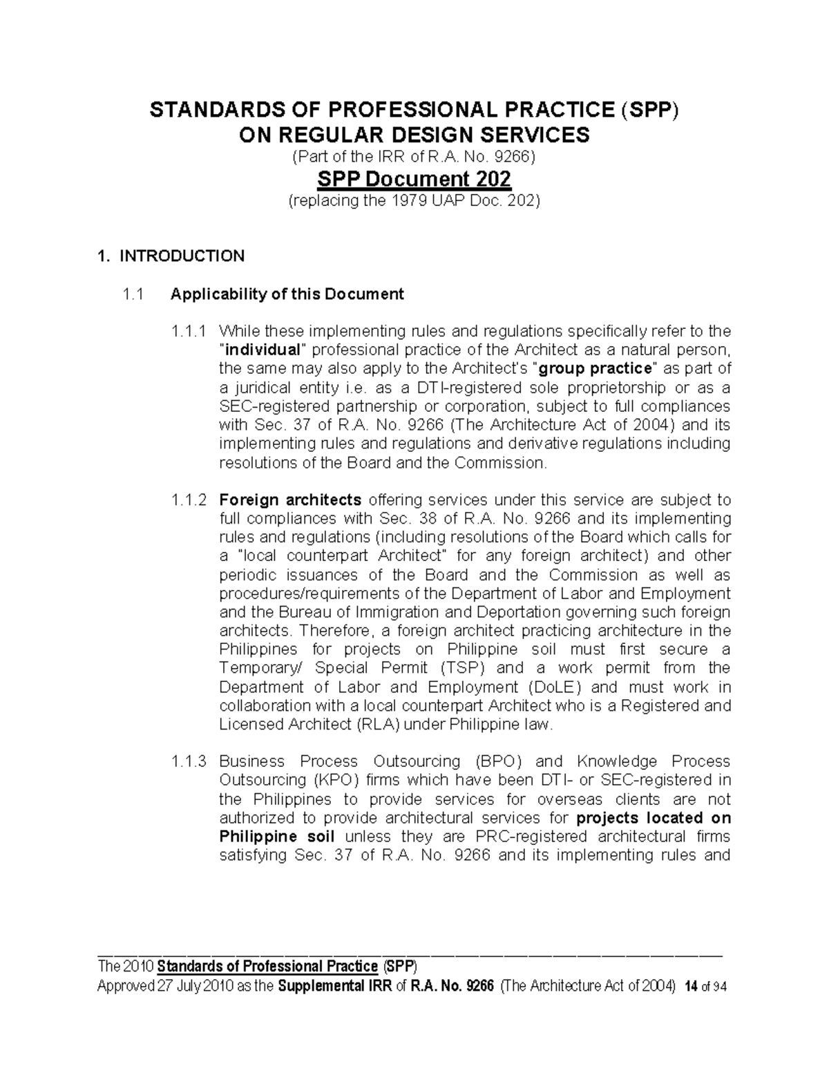 SPP 202 - Standards of Professional Practice for Regular Design Services - Studocu