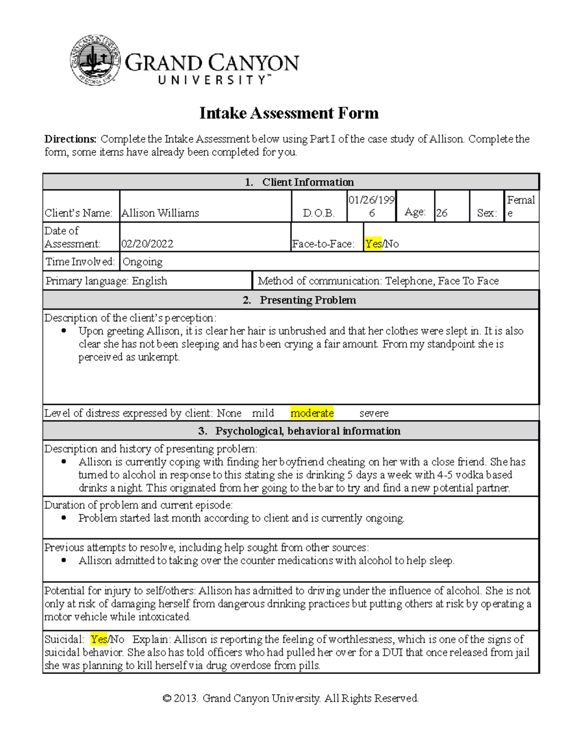 PCN255 Intake Assessment Form for Client Allison Williams - Studocu