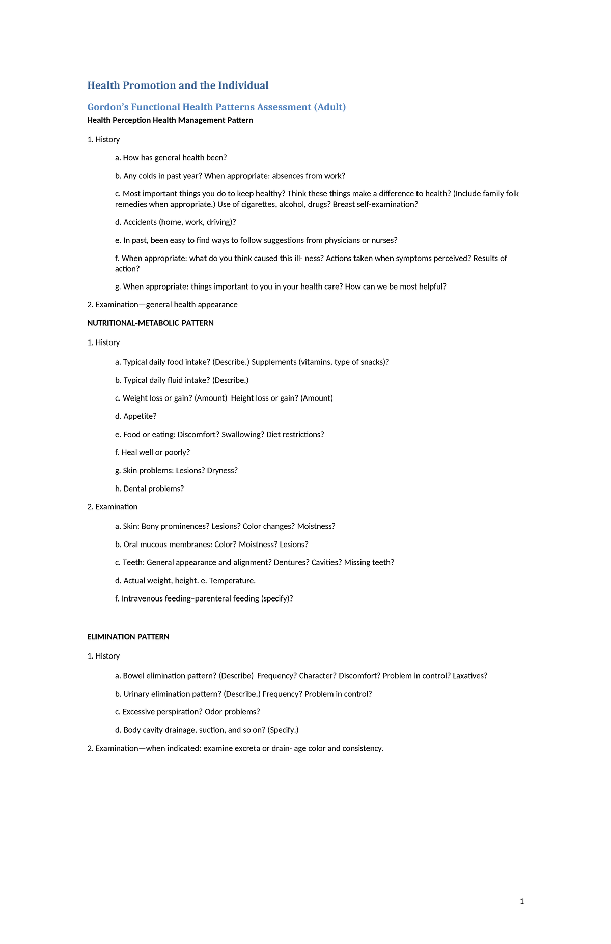 Gordon's Functional Health Patterns Assessment - Adult (HPR 101) - Studocu