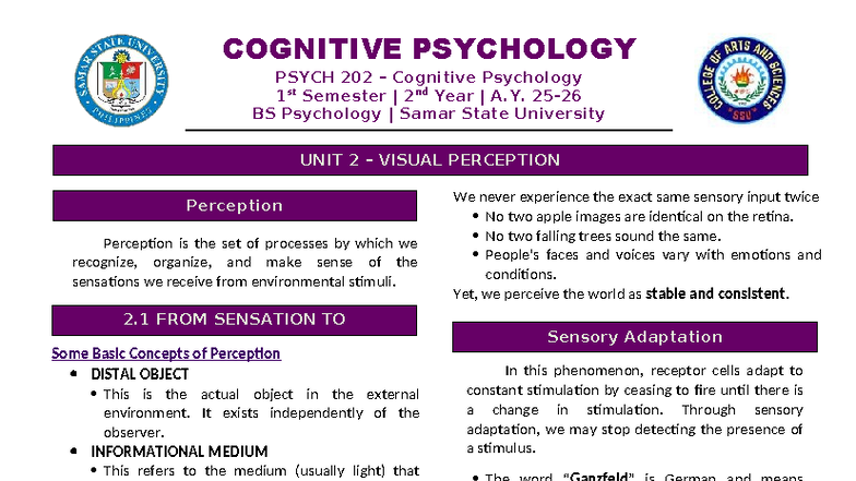 COGNITIVE PSYCHOLOGY PSYCH 202 Unit 2: Visual Perception Insights - Studocu