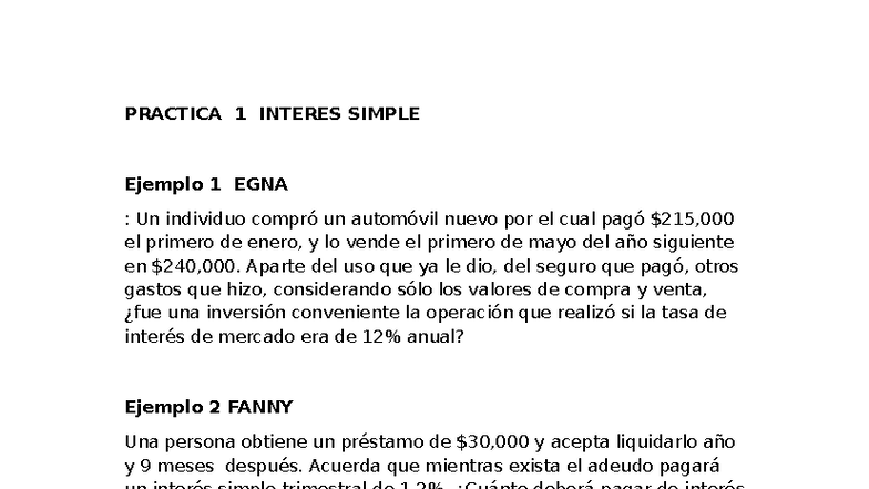 PRACTICA 3 INTERES SIMPLE: Ejemplos y Cálculos de Interés - Studocu